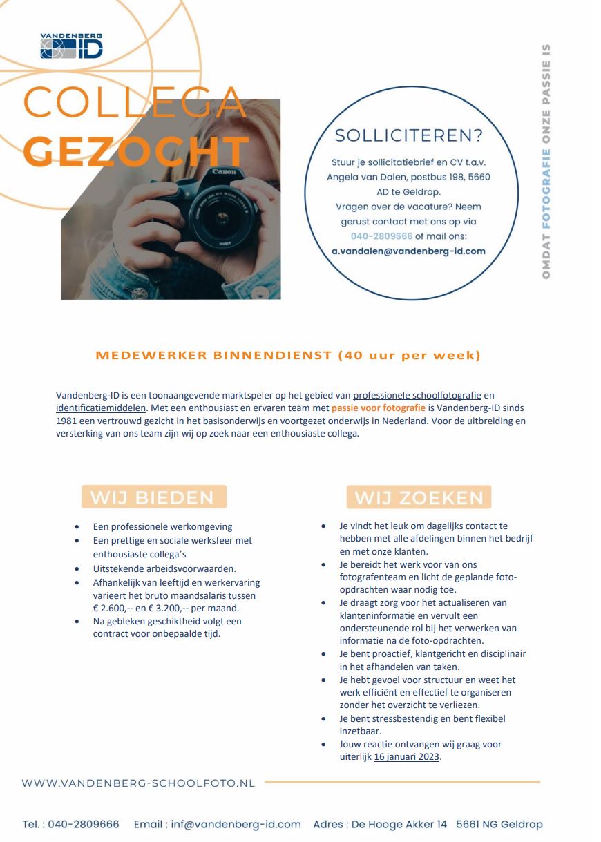 VACATURE MEDEWERKER BINNENDIENST - Vandenberg-ID